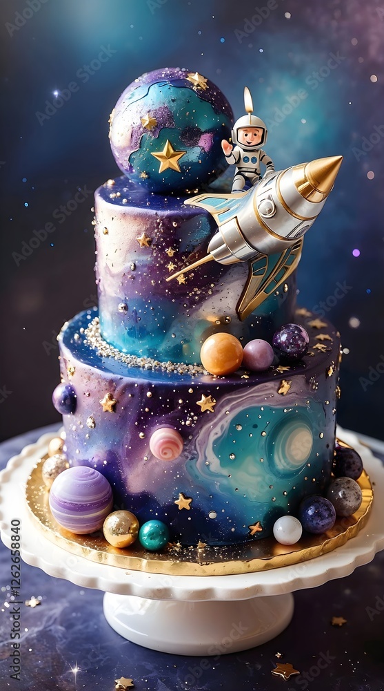 Realistic picture of a cosmic-themed cake adorned with an astronaut ...