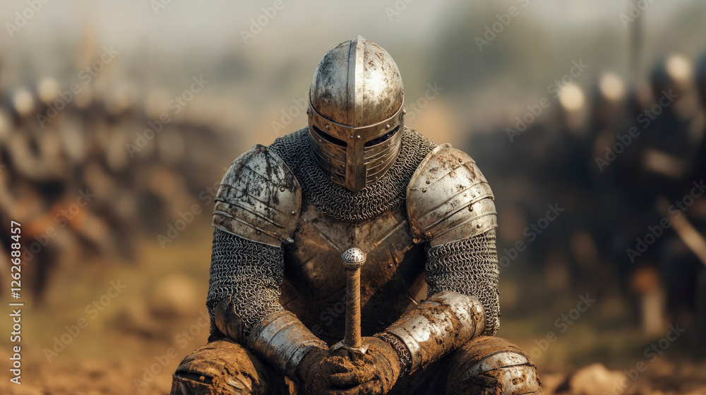 Medieval knight in full armor sitting on battlefield. Historical ...