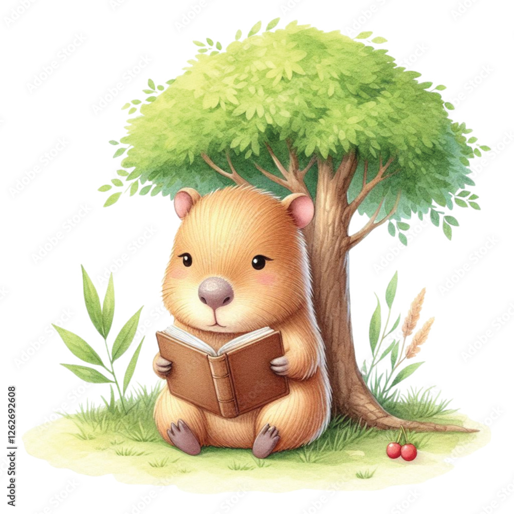 Capybara reading a book under a tree Clipart Watercolor Stock Vector ...