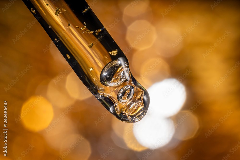 Liquid serum and dropper on a bokeh golden background macro. 24k gold ...