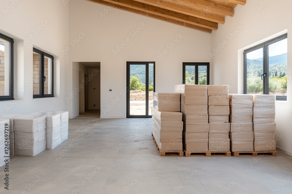 Warehouse design bright modern storage facility with stacked boxes in ...