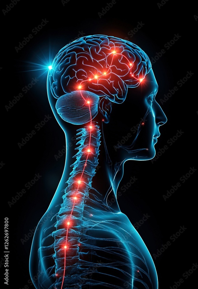 The human body seen in profile with the nervous system. The brain glows ...