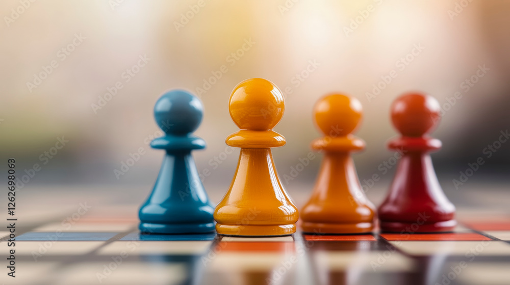Colorful chess pieces on a strategic board game represent competitive ...