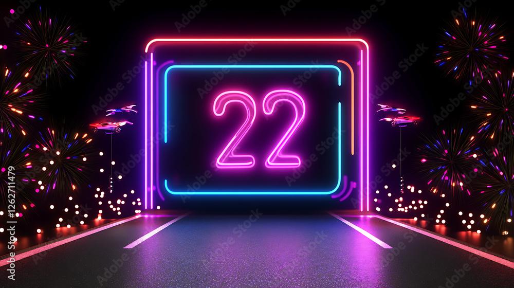 Illuminated Neon Number 22 Gate on Asphalt Road with Fireworks and ...