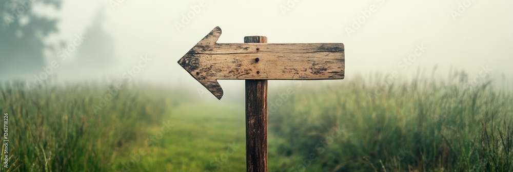 Empty wooden arrow sign pointing to the left in a misty field ...