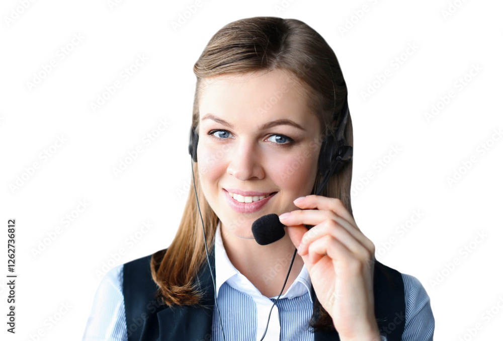 Smiling friendly handsome young female call centre operator on a ...