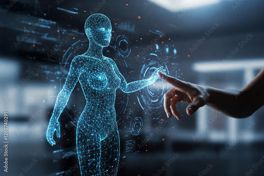 Human-Tech Interface: 3D Holographic Human and Hand, Symbolizing Future ...
