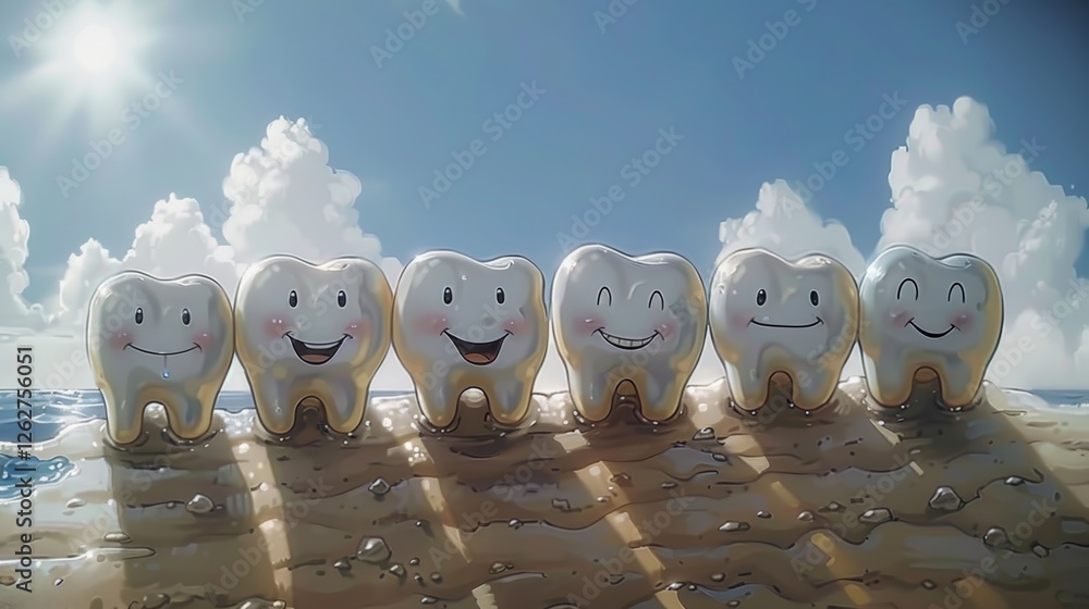 Cheerful lineup six animated teeth reflecting in sunlight with bright ...