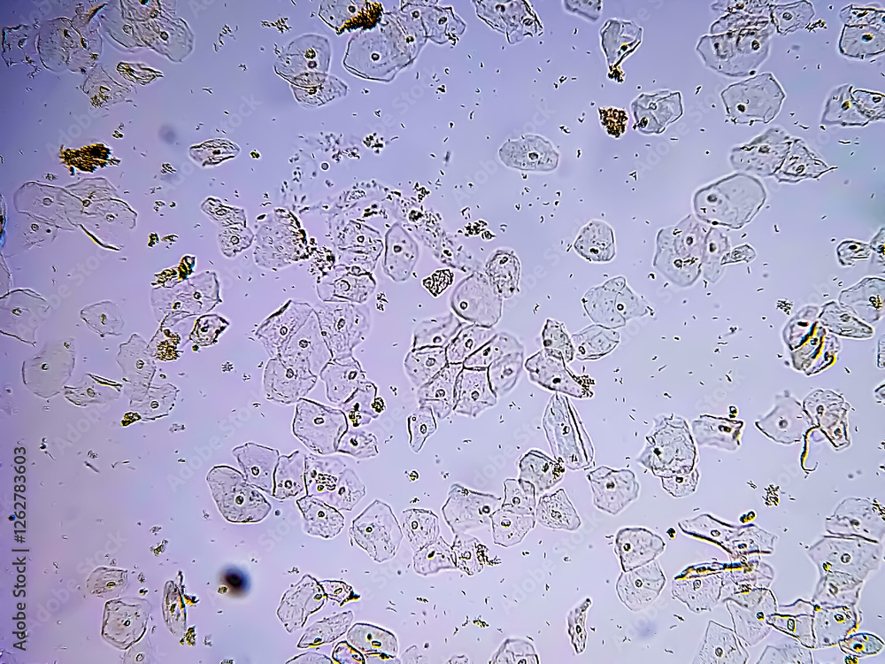 Epithelial cells with bacteria in patient urine (urinary tract ...