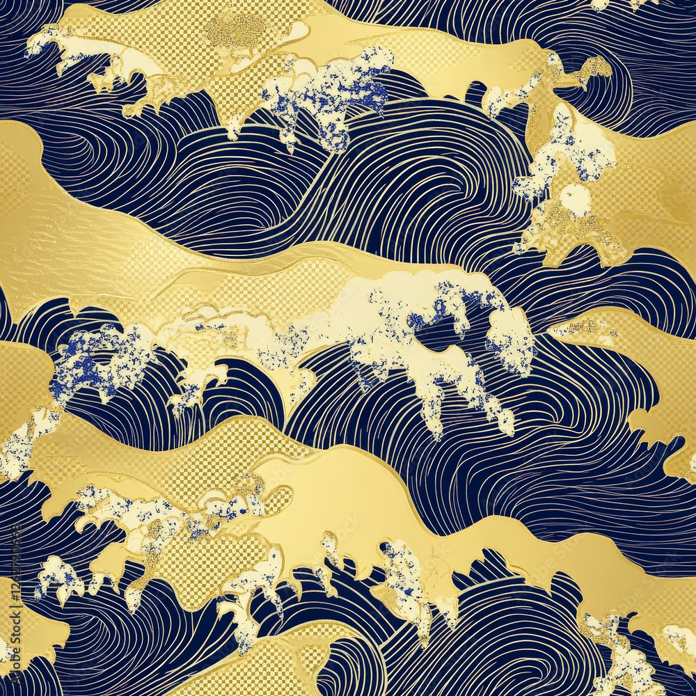 A striking Hokusai-inspired wave pattern, where bold navy blue waves ...