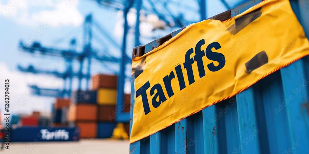 Tariffs warning sign on shipping container at port with cargo Stock ...