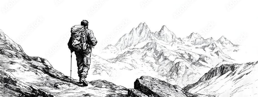 Black and white ink drawing of an explorer with walking sticks in the ...