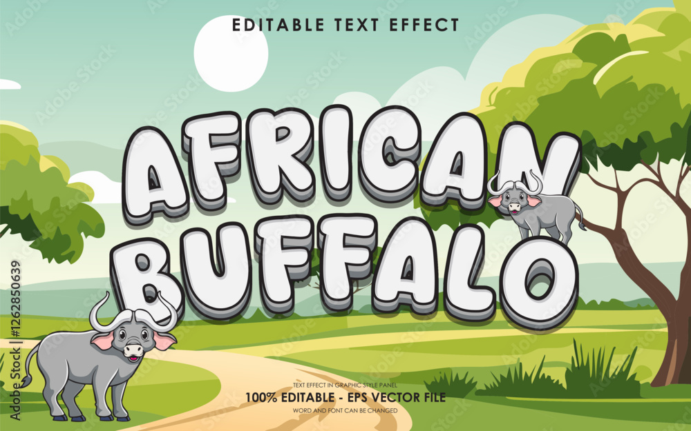 Editable african buffalo text effect, with savanna background, and african buffalo illustration ...