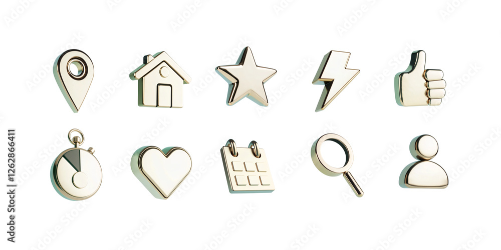 3d gold metallic iconset, home icon, 3d star, golden assets. Chrome 3d ...