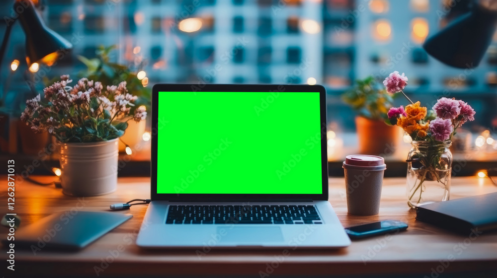 Cozy Workspace with Laptop Green Screen & Warm Lighting for Mockup or ...