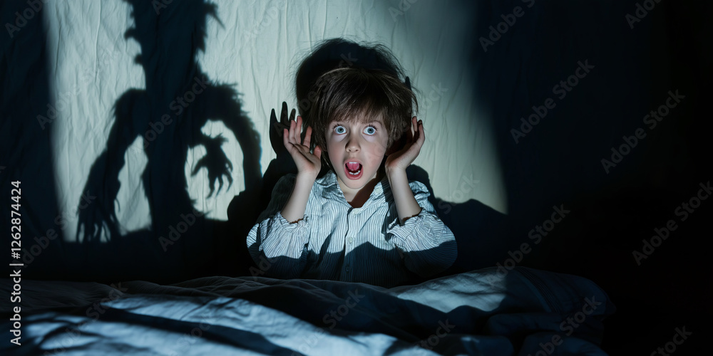 Sad little boy fearing monsters under his bed. Terrified child having a ...