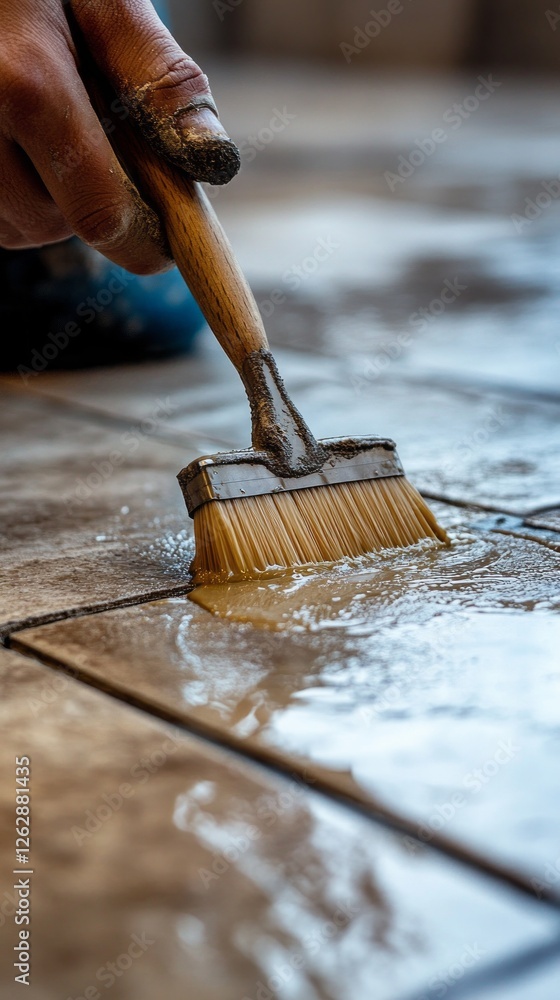 Tiler's hand carefully applies sealant to grout lines using a small ...