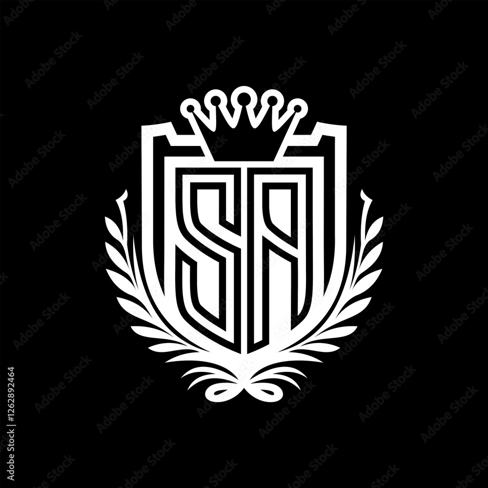 SA Letter logo heraldic shield shape with crown on black background ...