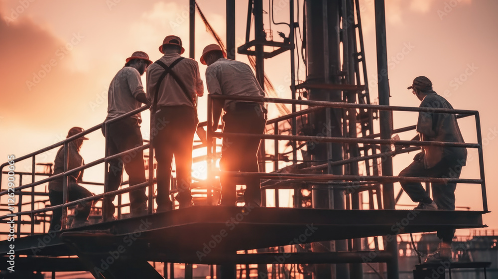 Workers observing operations at a sunset oil rig Stock Photo | Adobe Stock