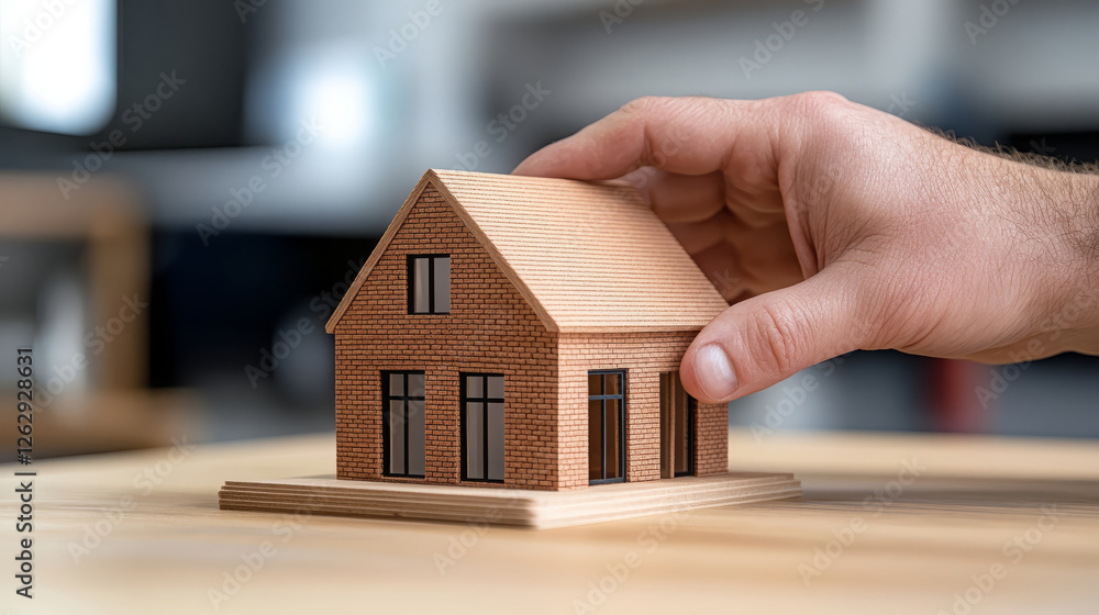 hand gently gripping small scale model of house, showcasing ...