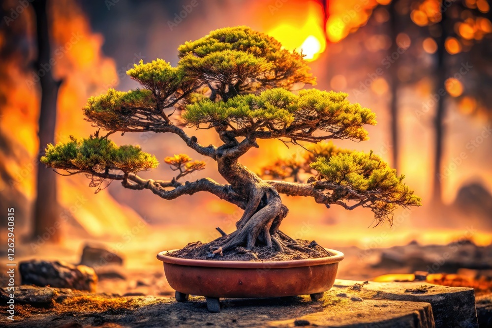 Ancient Japanese bonsai, its aged frame burned yet unbroken, a ...