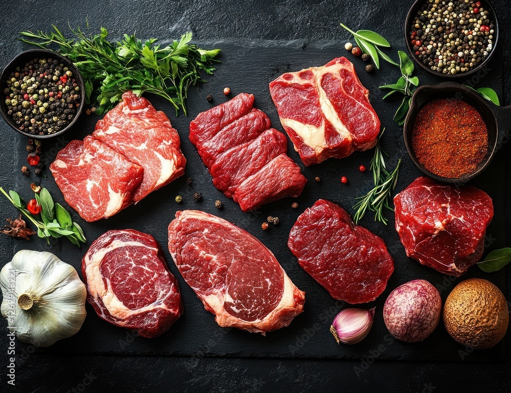 Fresh Assortment of Raw Meat Cuts with Dry Aged Beef Steaks and ...