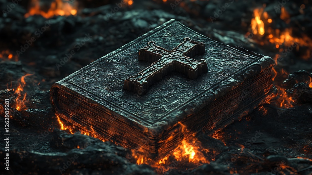 A beautifully carved cross rests atop an ancient, tattered book of dark ...