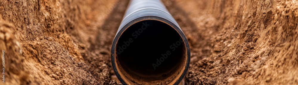 Underground pipe installation in trench with soil surrounding it Stock ...