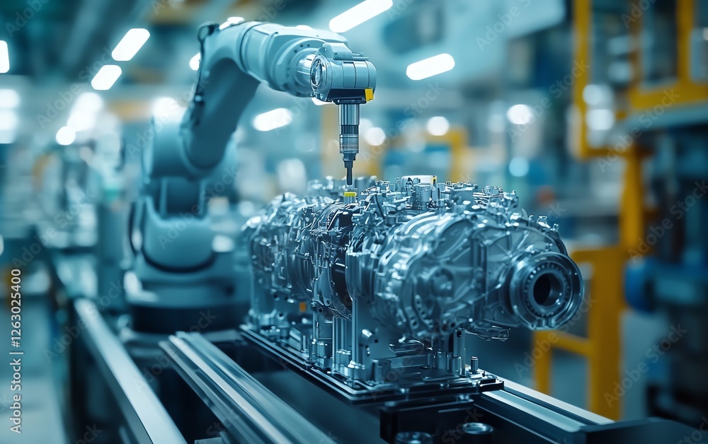 Closeup of robotic arms installing a car engine with laser precision ...