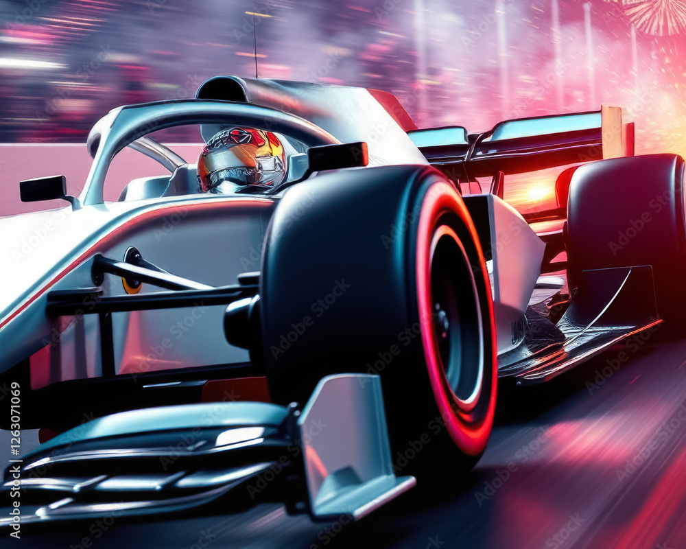 Formula 1 Grand Prix racing car at night with fireworks and motion blur ...