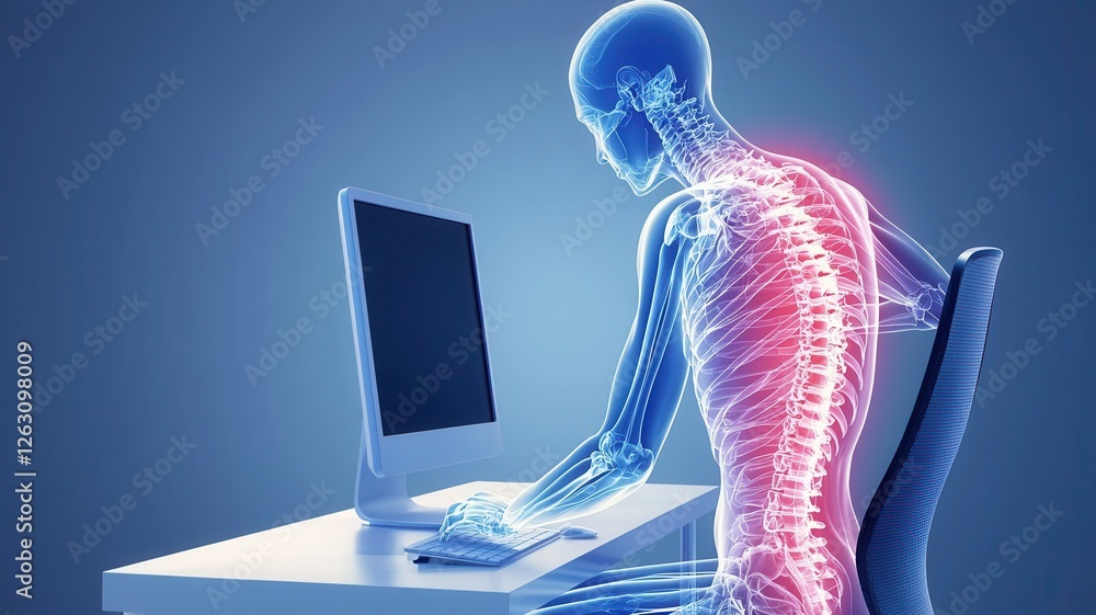 Medical illustration showing spinal strain from hunching over computer ...