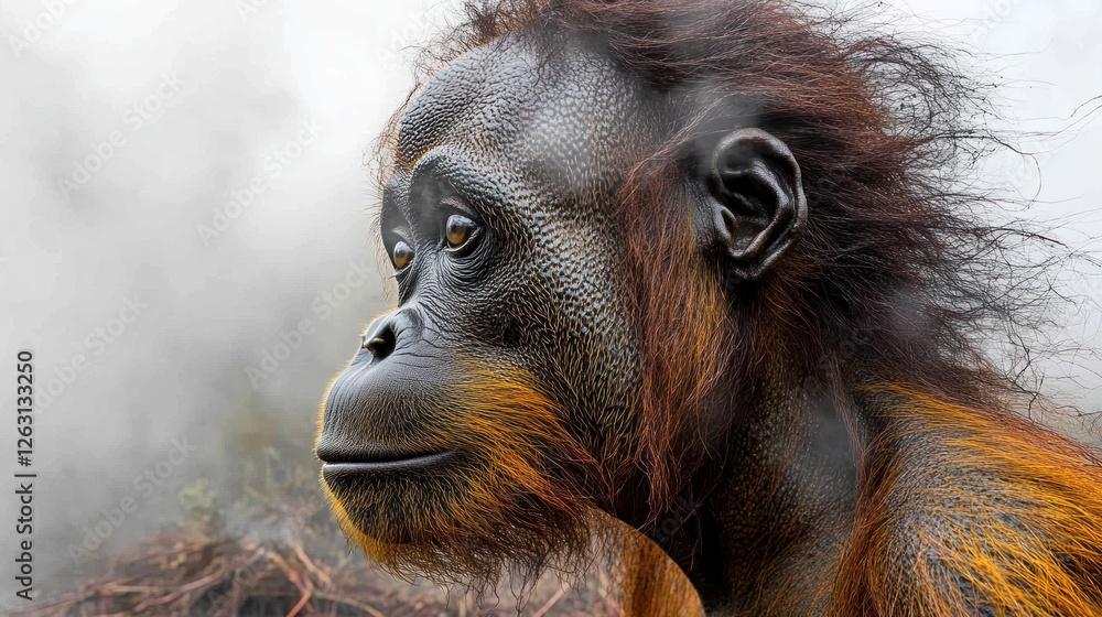 Orangutan profile, rainforest mist, habitat, conservation Stock Photo ...