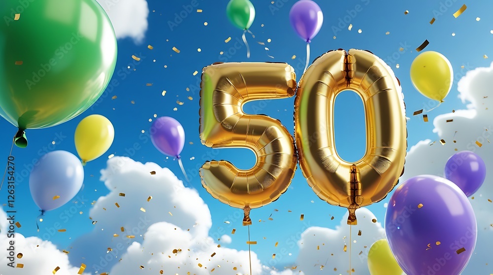 50 years anniversary banner design with colorful ballons, confetti and ...