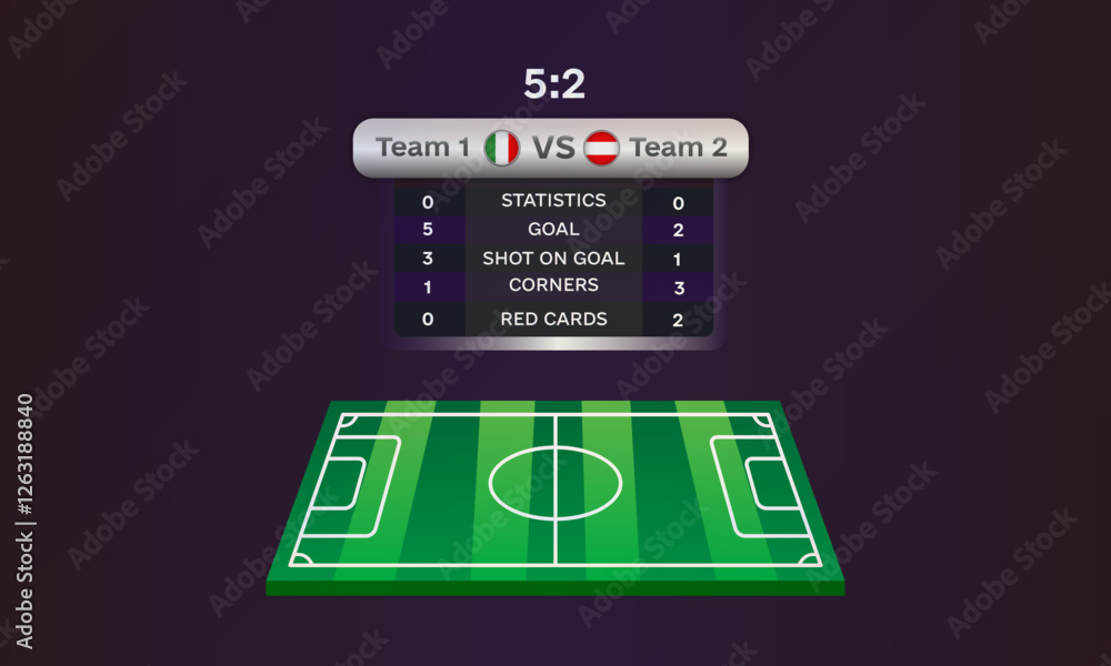 Football match scoreboard with team statistics and green soccer field ...