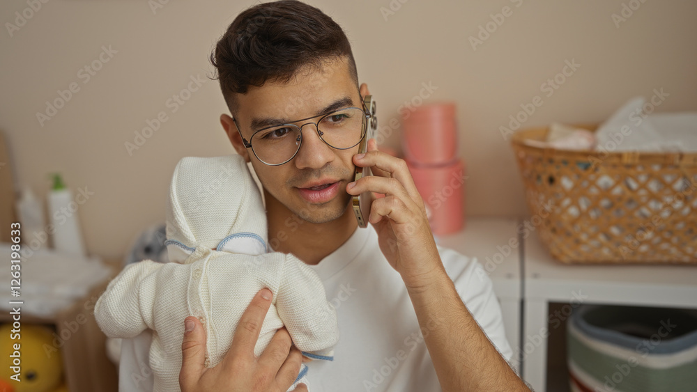 Young hispanic man holding baby while talking on phone in hospital room ...