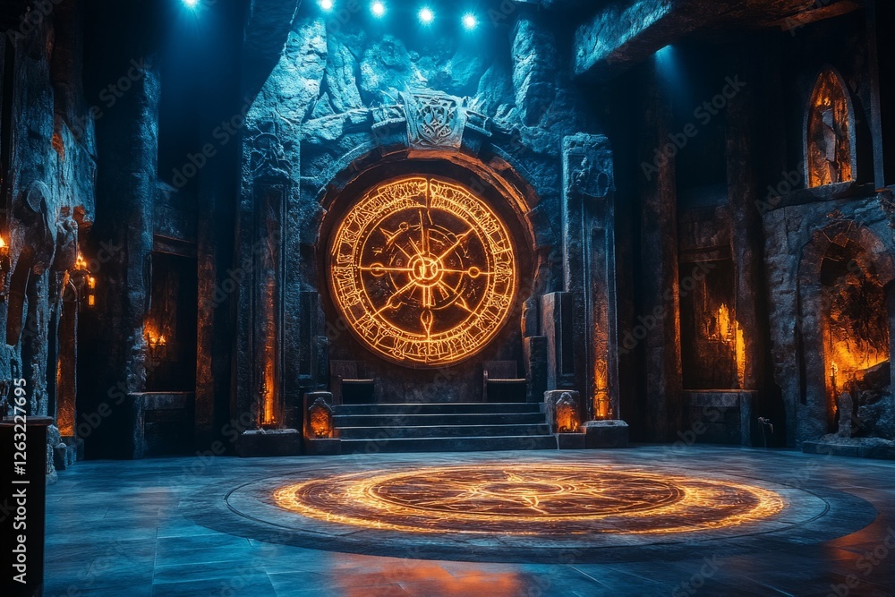 Glowing runes and symbols illuminating ancient temple with stone altar ...