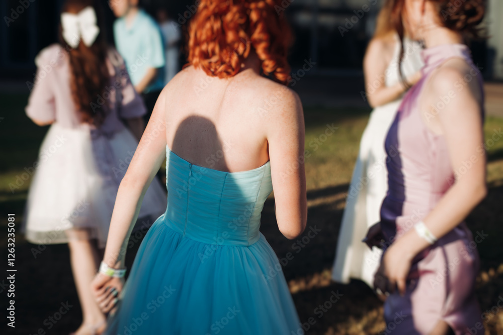 High school graduates dancing on prom, waltz and classical ball slow ...