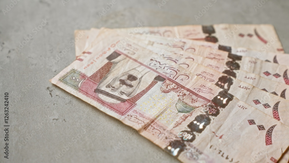 Saudi arabian riyal banknotes spread out on a grey concrete surface ...