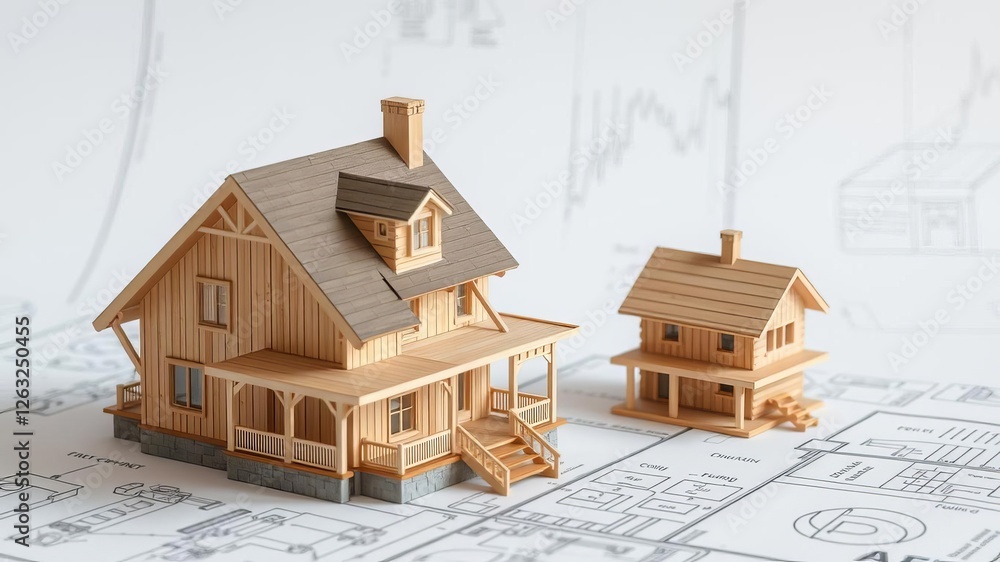 Architectural scale model of a wooden house on construction blueprints ...