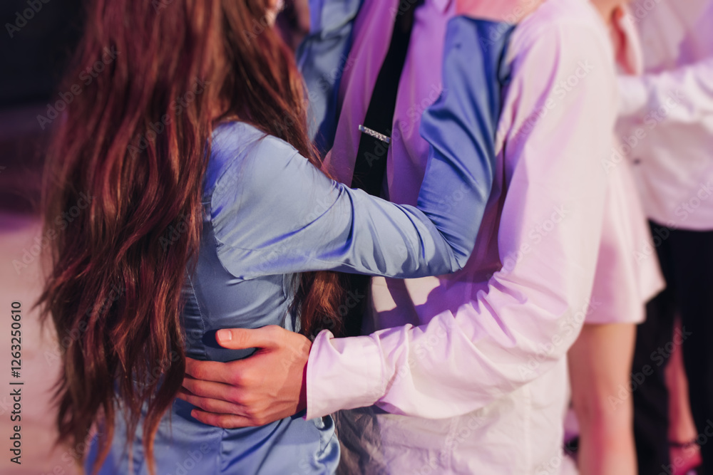 High school graduates dancing on prom, waltz and classical ball slow ...