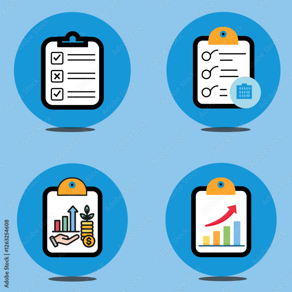 This vector Displays four clipboard icons. Each clipboard has a ...