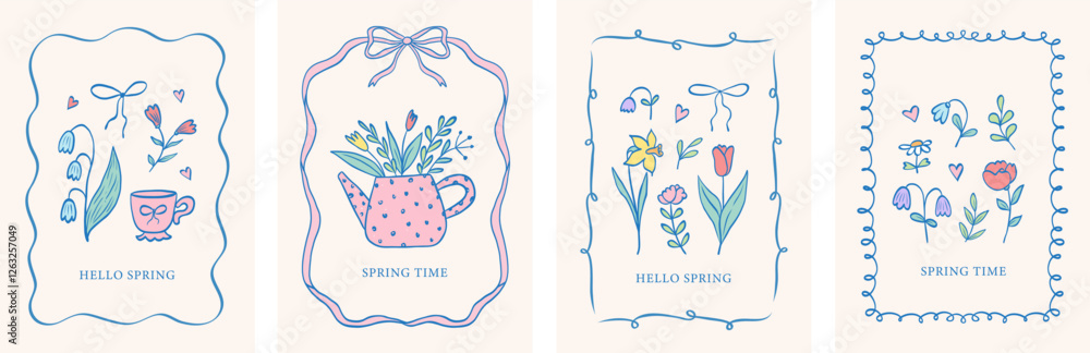 Vintage spring set of cute cards or posters in coquette style. Hand ...