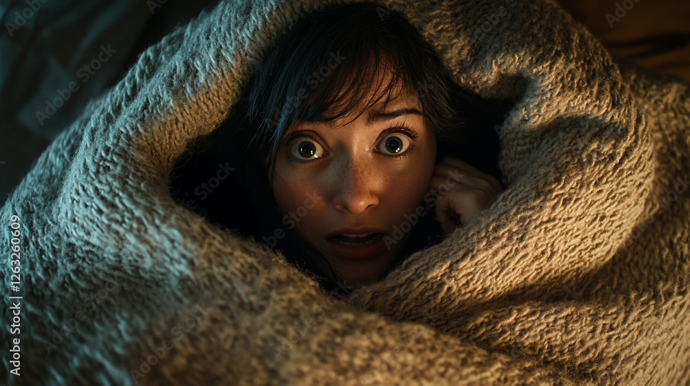 A young woman hide under cover blanket body in bed horror face ...