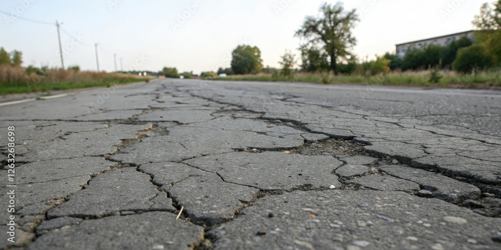 Weathered asphalt surface with cracks and uneven texture, erosion ...