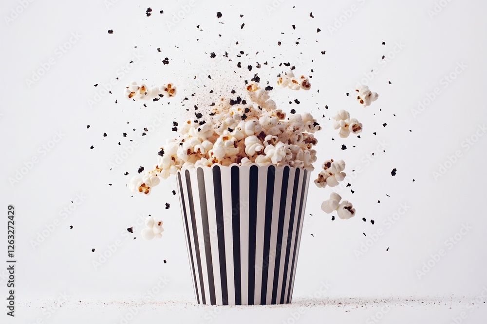 Exploding popcorn in striped container against white background. Stock ...
