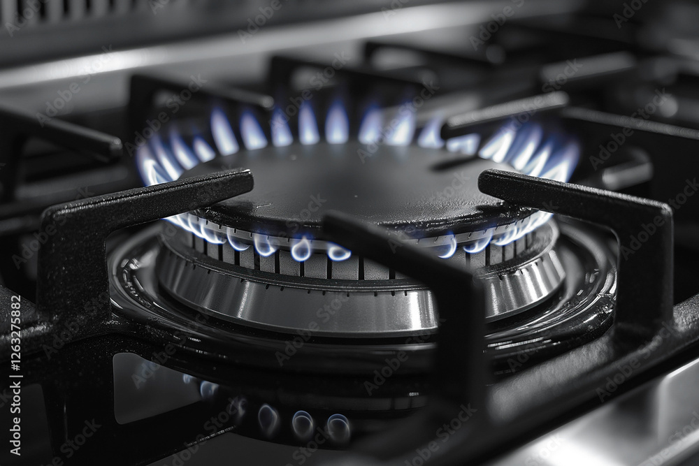 Modern kitchen stove cook. Gas flame close up on the gas stove. Stock ...