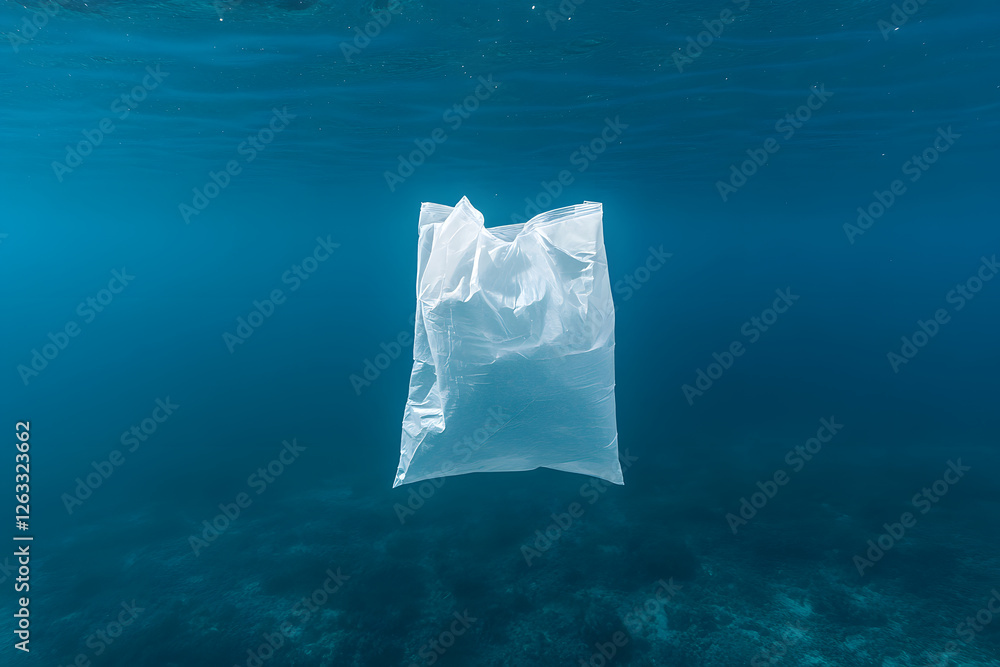 Plastic bag floating underwater, polluting the ocean. Environmental ...