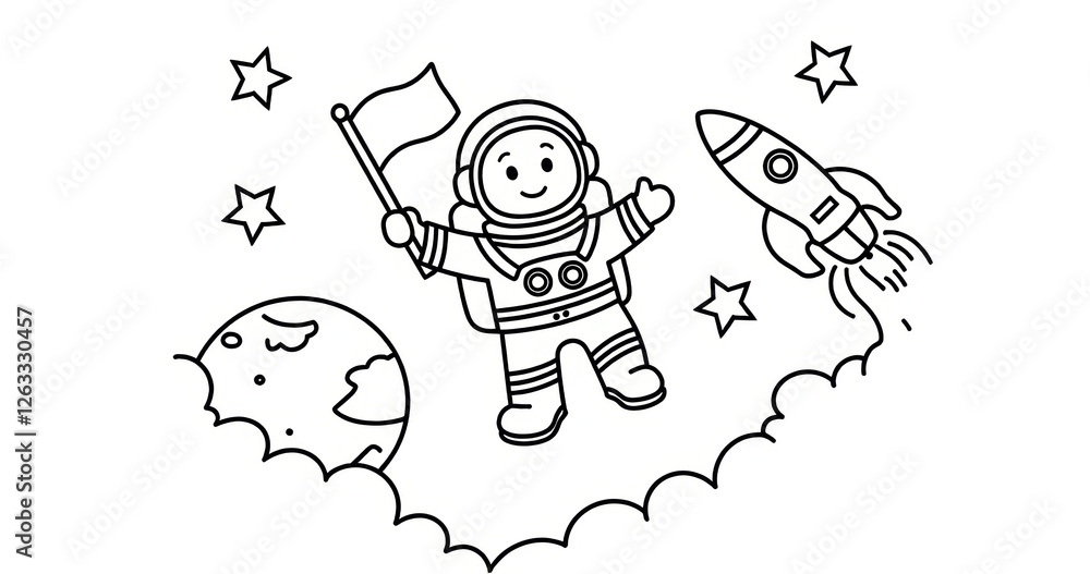 Cheerful Astronaut Exploring Space Coloring Page for Kids, Black and ...