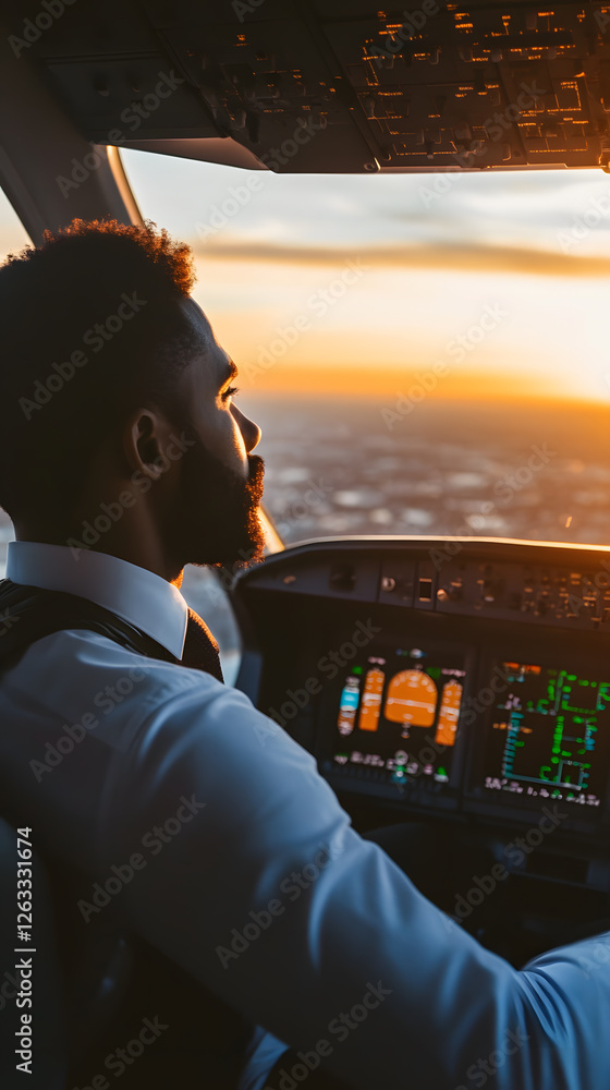 Pilot at the controls of a jet at sunrise. The pilot looks thoughtfully ...