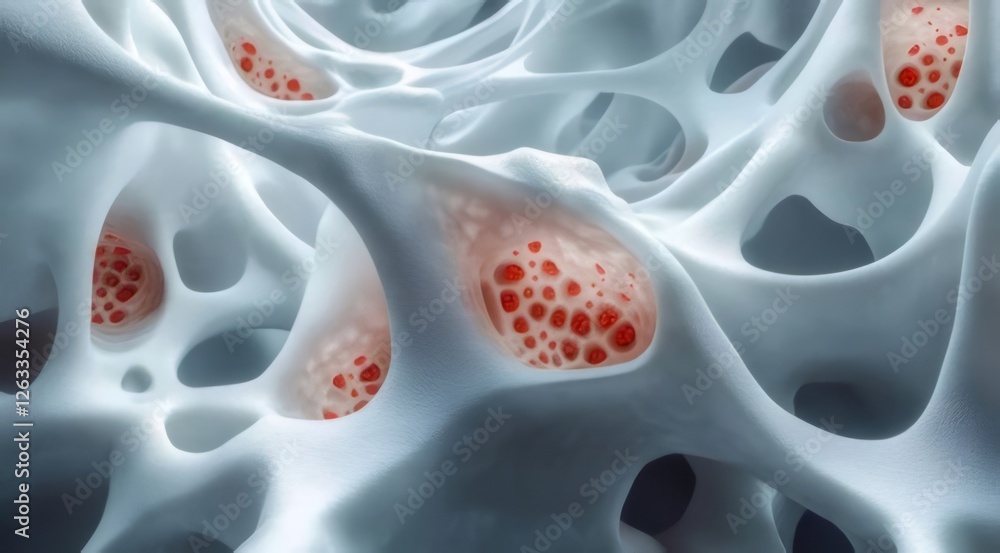 Microscopic view of porous bone structure with red blood cells. Stock ...